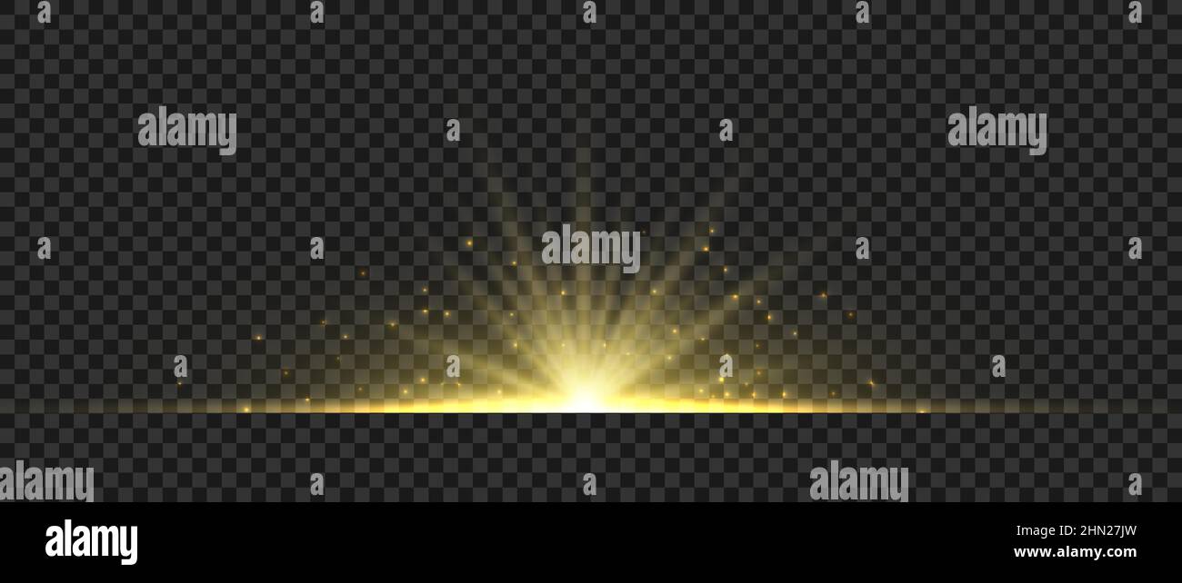 Golden glowing light. Gold glow flash with sparcle. Vector sunrise ...