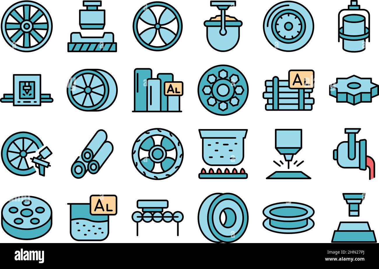 Aluminium wheels icons set outline vector. Car factory. Auto equipment ...