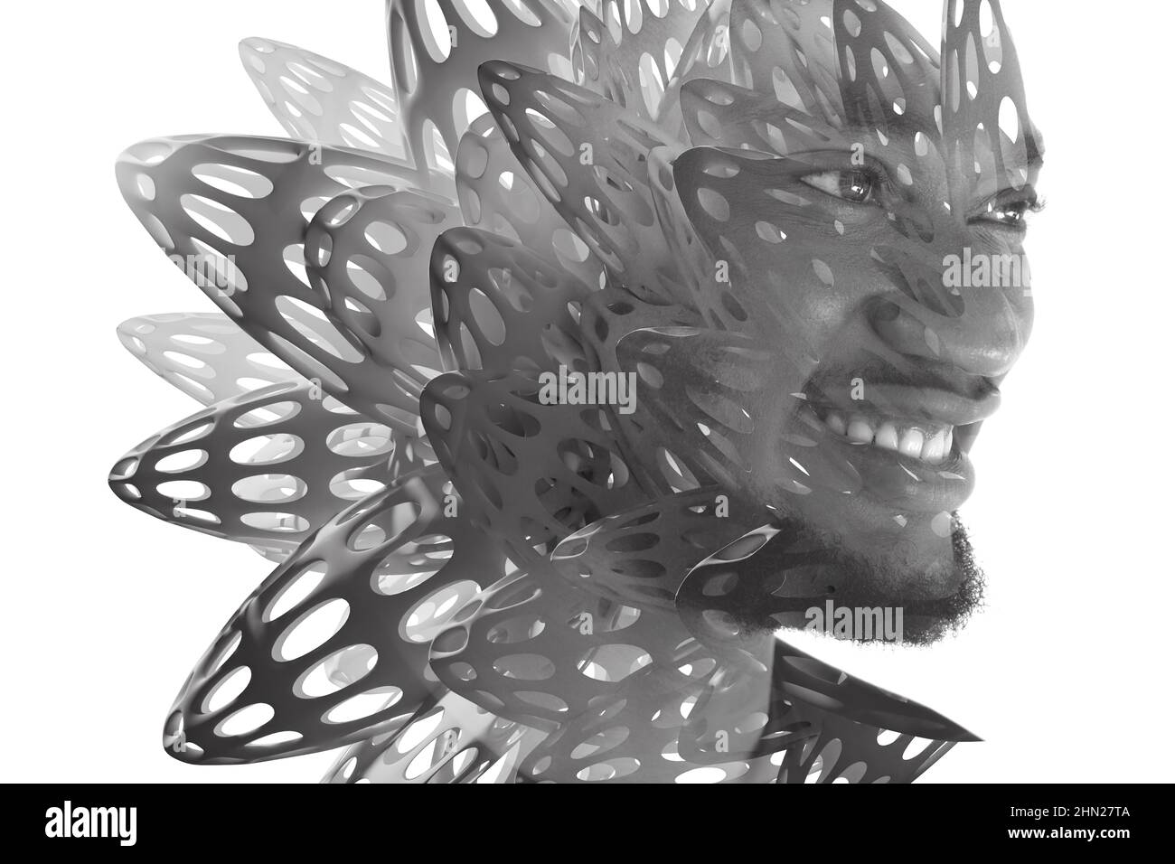 A portrait of a man combined with 3D figures in a double exposure ...