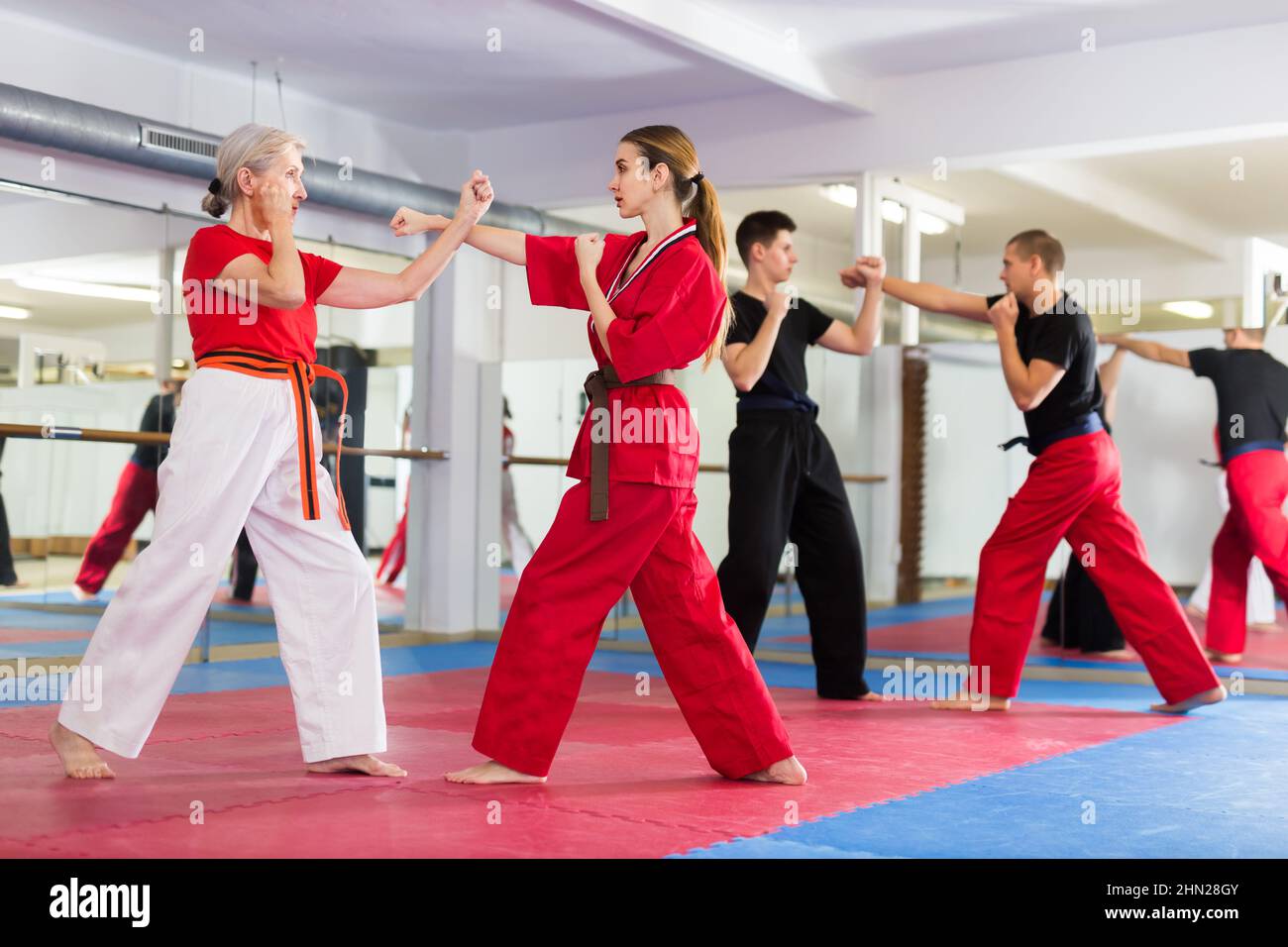 Senior and younger women sparring during group karate training Stock ...