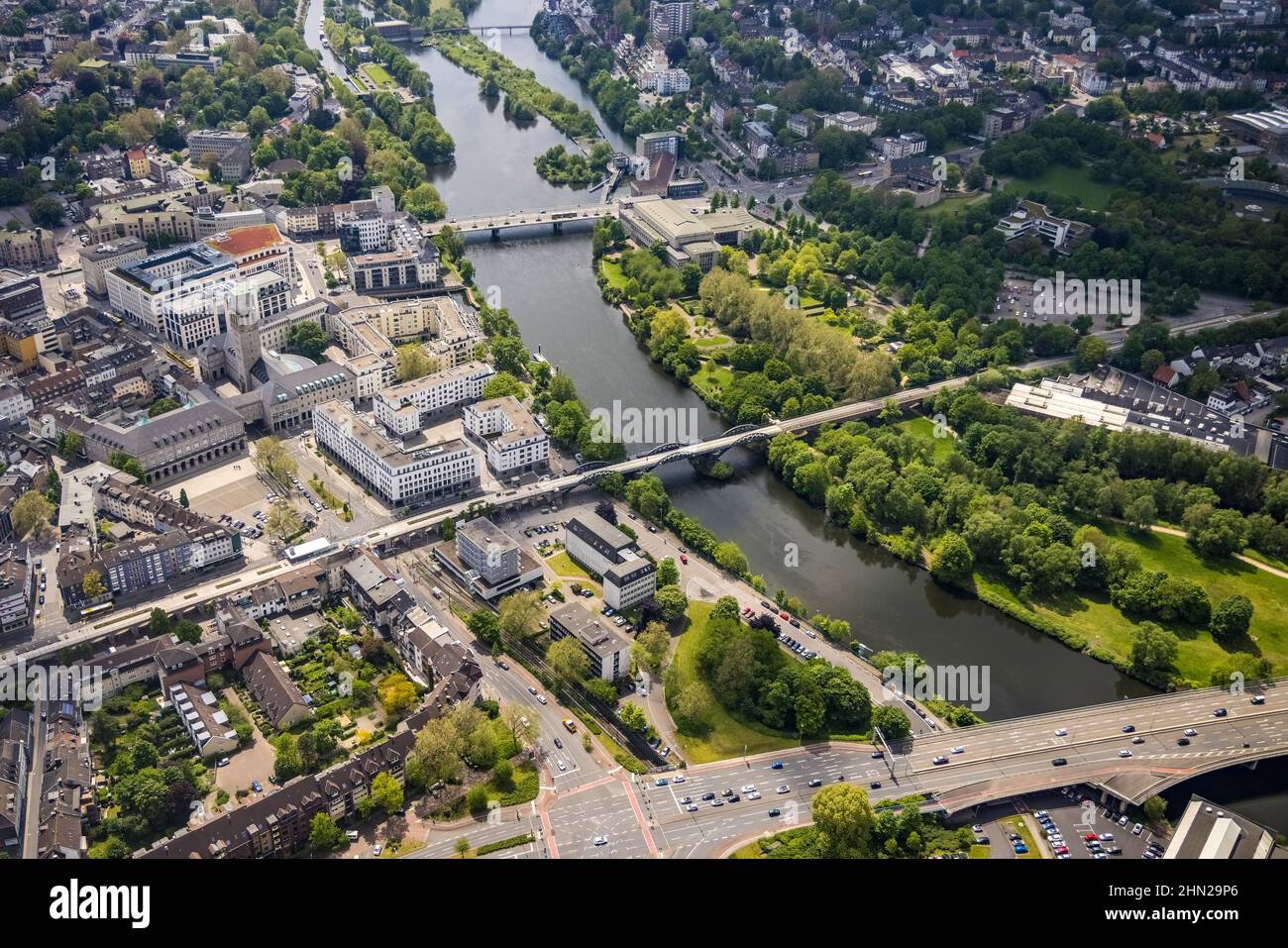 Aerial view, city hall, Ruhr promenade, city viaduct and Ruhr bridge on ...