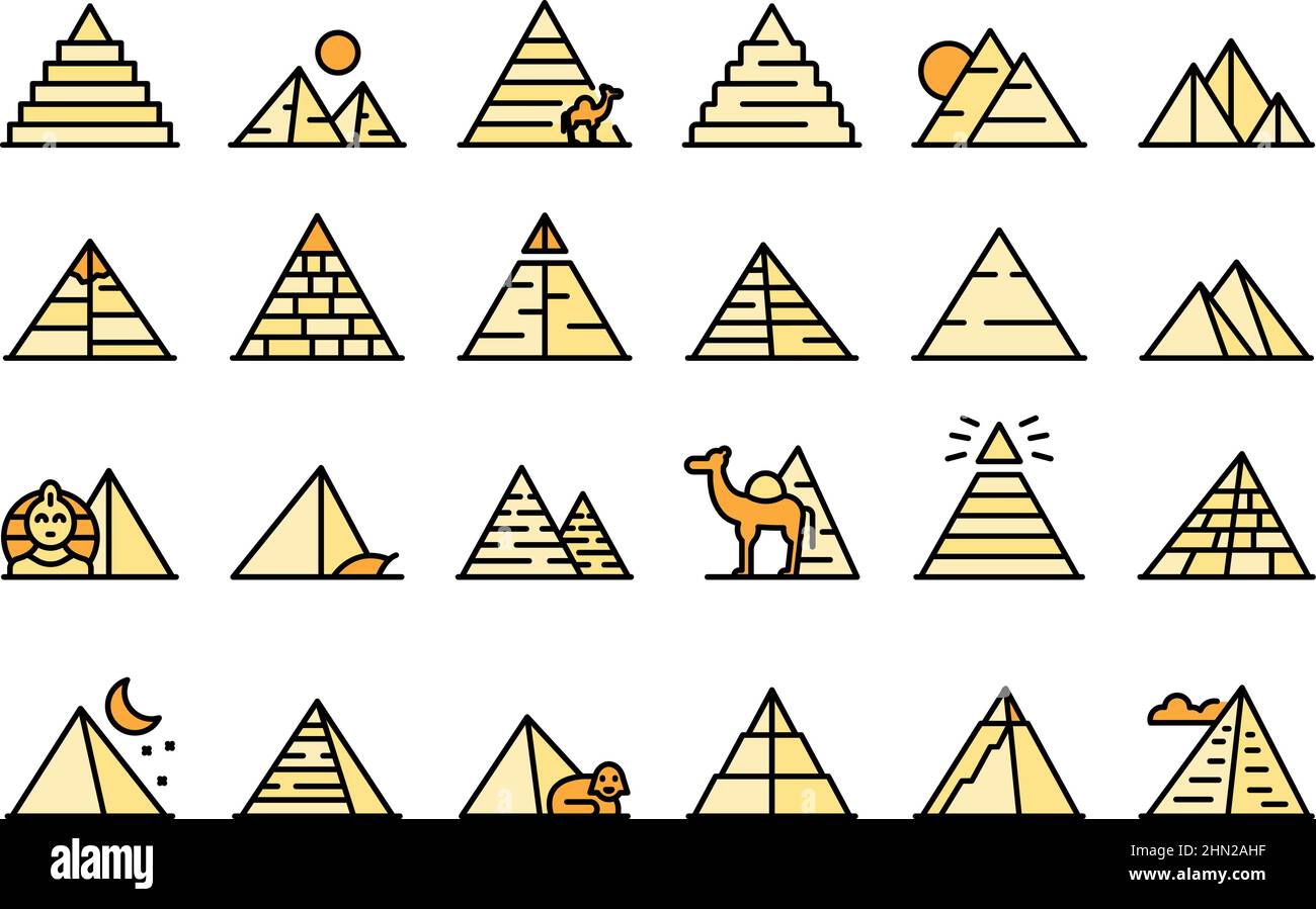 Pyramids egypt icons set outline vector. Cairo sphinx. Pharaoh giza ...