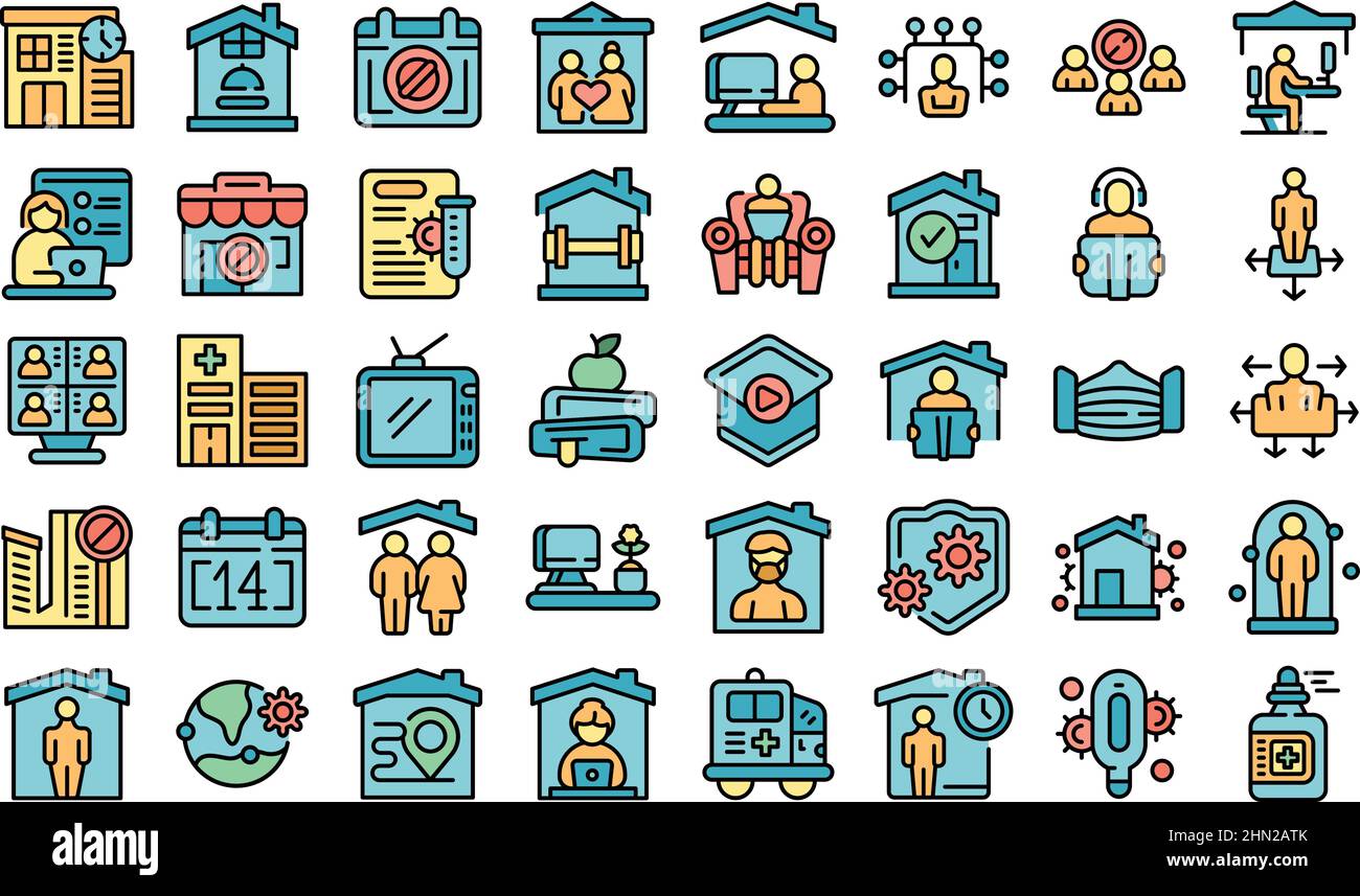 Self isolation icons set outline vector. Home house. Work safe Stock ...