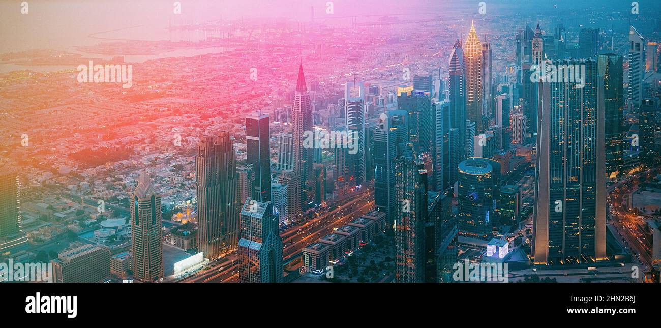 Aerial View Of Evening Night Scenic View Of Skyscraper. Street Night ...