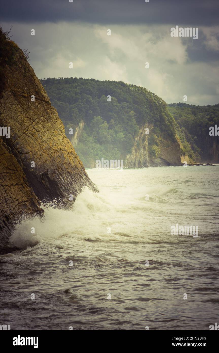 Seascape, Sunset Sundown at Sea Storm, Big Waves hit the rocks at beach ...