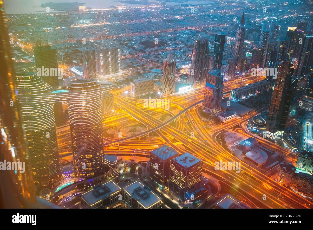 Aerial View Of Evening Night Traffic Of Dubai. City Street Night Illumination Of Residential ...