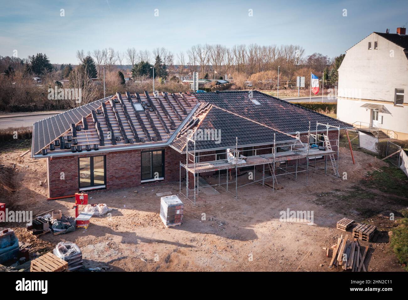 at the construction site the roof of a house is almost finished Stock ...