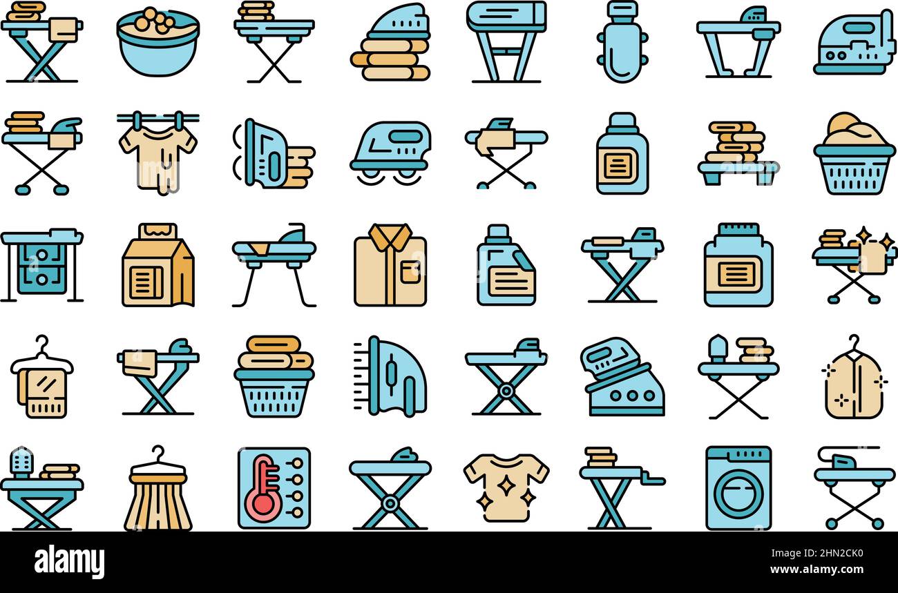 Ironing board icons set outline vector. Laundry cloth. Domestic fabric ...