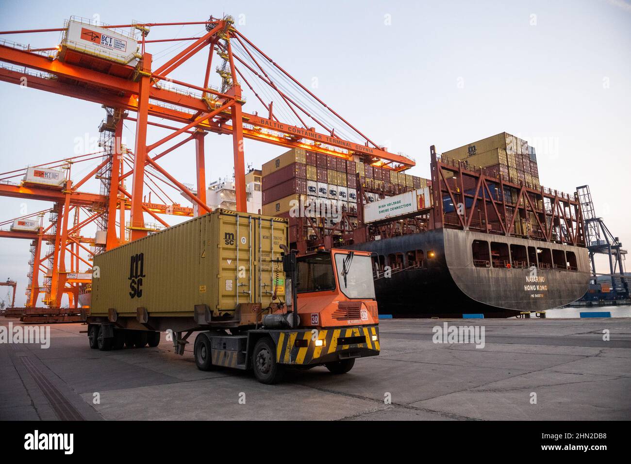 Shipping containers seen on the Navarino Hong Kong container ship at ...