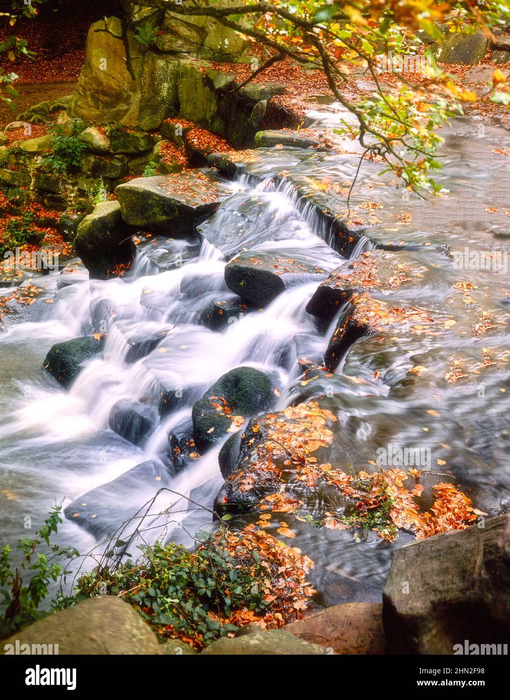 Striking Virginia Waters waterfall landscape, northern Surrey, England ...