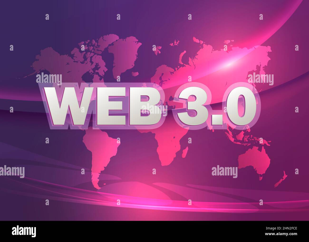 WEB 3.0 text inscription with world map on bright glowing background ...