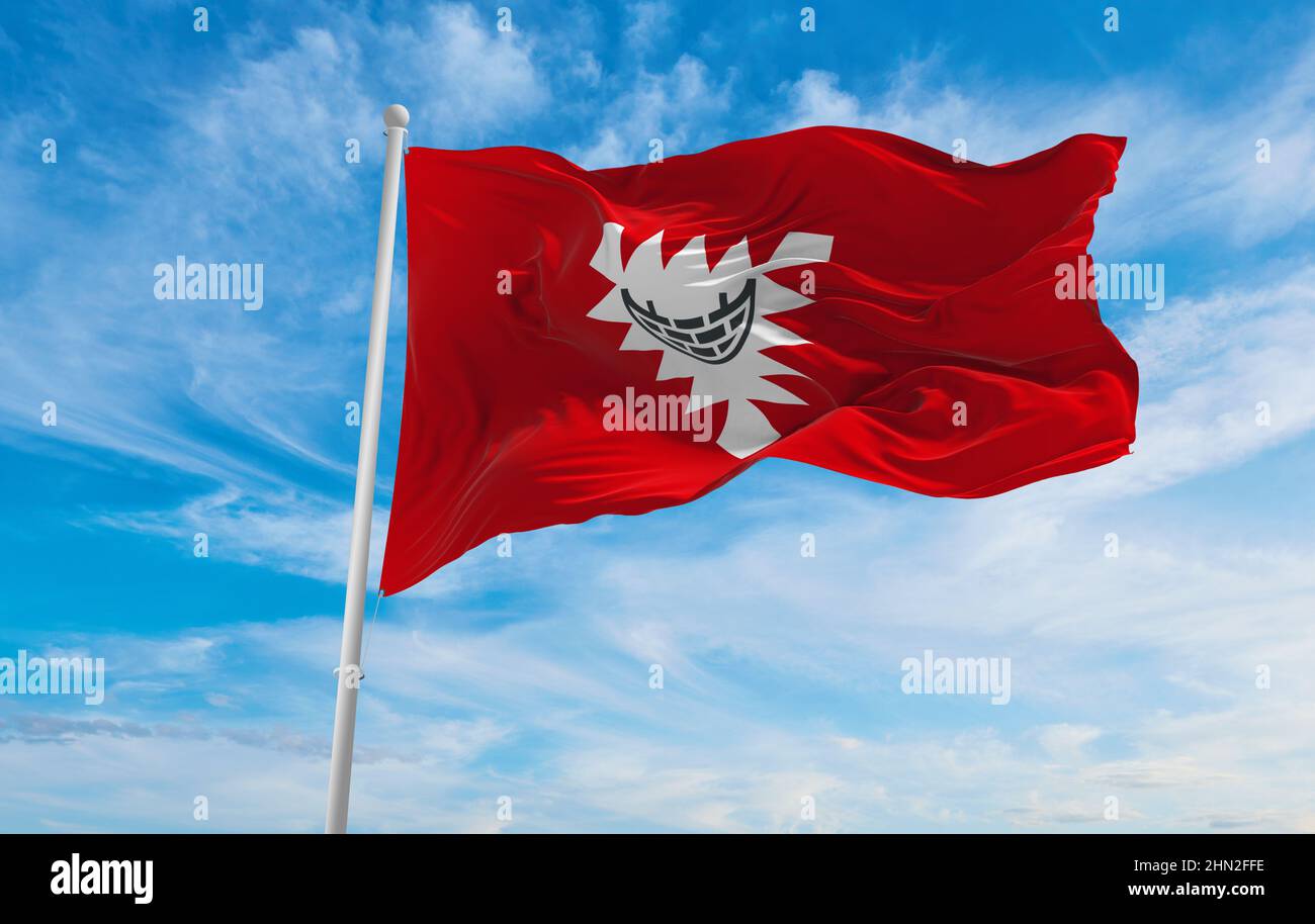 flag of Kiel at cloudy sky background on sunset, panoramic view ...