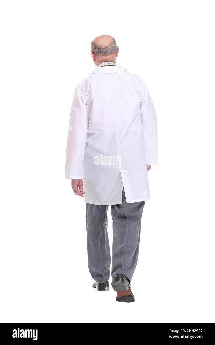 Back view of senior doctor walking on white background Stock Photo - Alamy