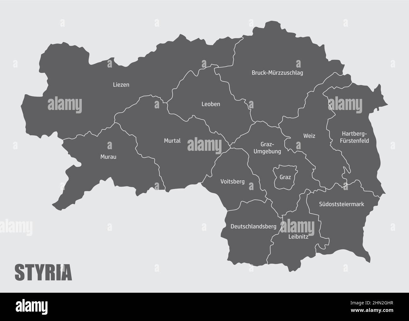 Styria state administrative map. Isolated map with labels, Austria ...