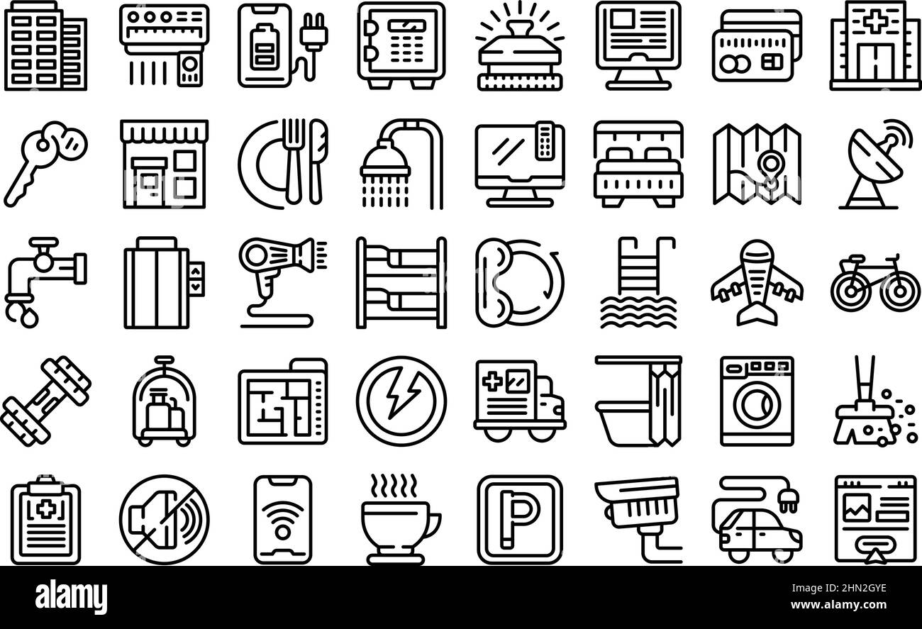 Facilities icons set outline vector. Hotel service. Transfer concierge ...