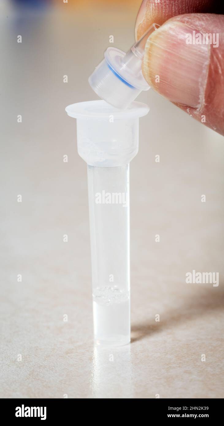 Plastic tube with dropper cap being put on Stock Photo - Alamy