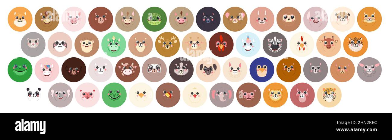 Animals Set Round avatar Cute portraits cartoon illustration flat ...