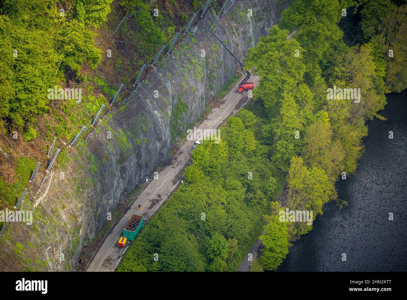 Aerial photo, rockfall protection fences and construction work at the ...