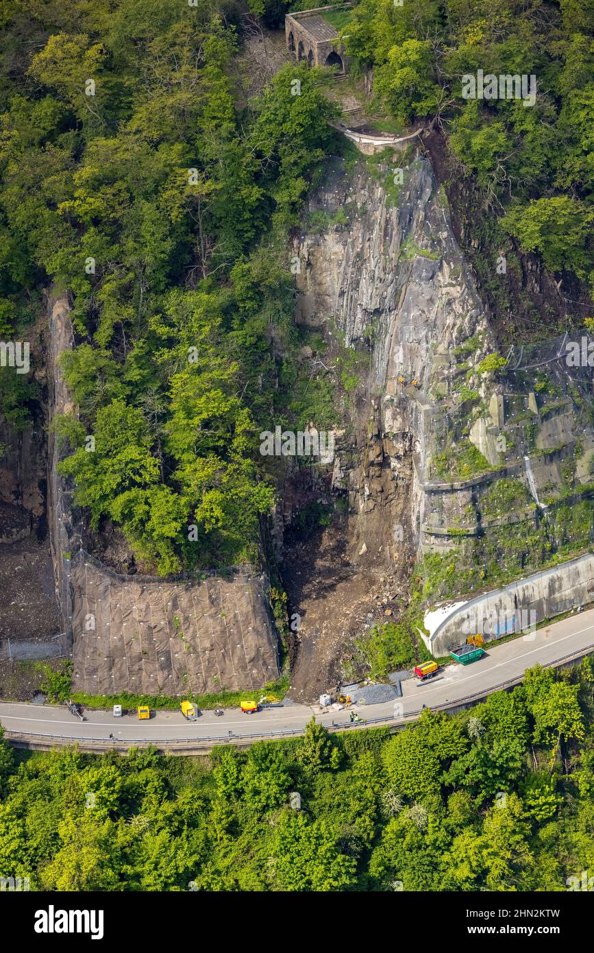 Aerial view, rockfall protection fences and construction work at the ...