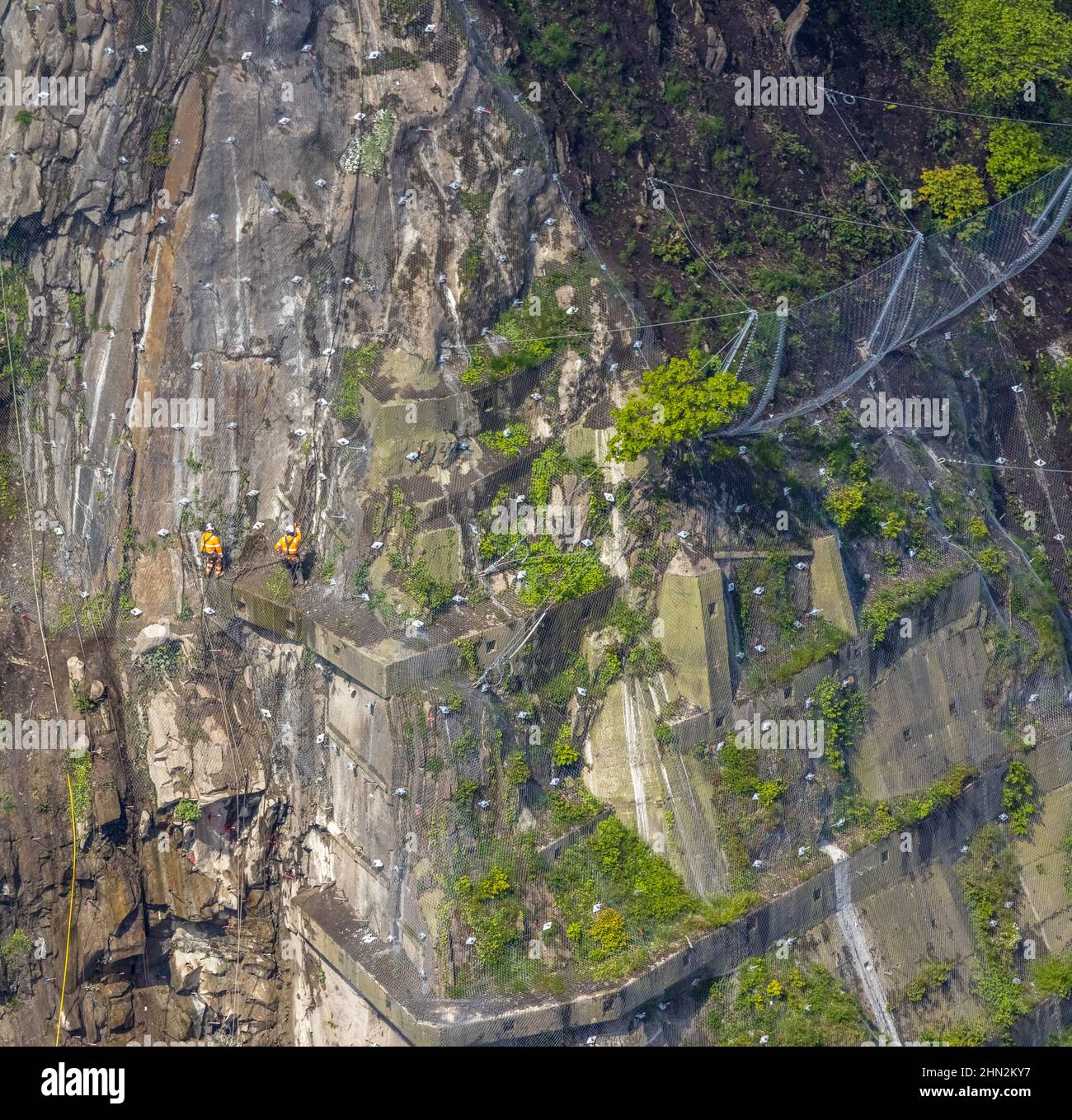 Aerial view, rockfall protection fences and construction work at the ...