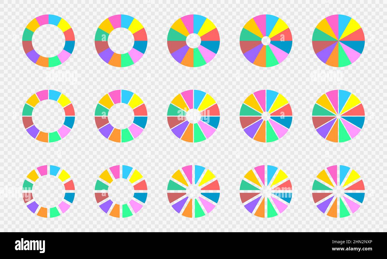 Pie and donut charts set. Infographic circle diagrams divided in 12 ...