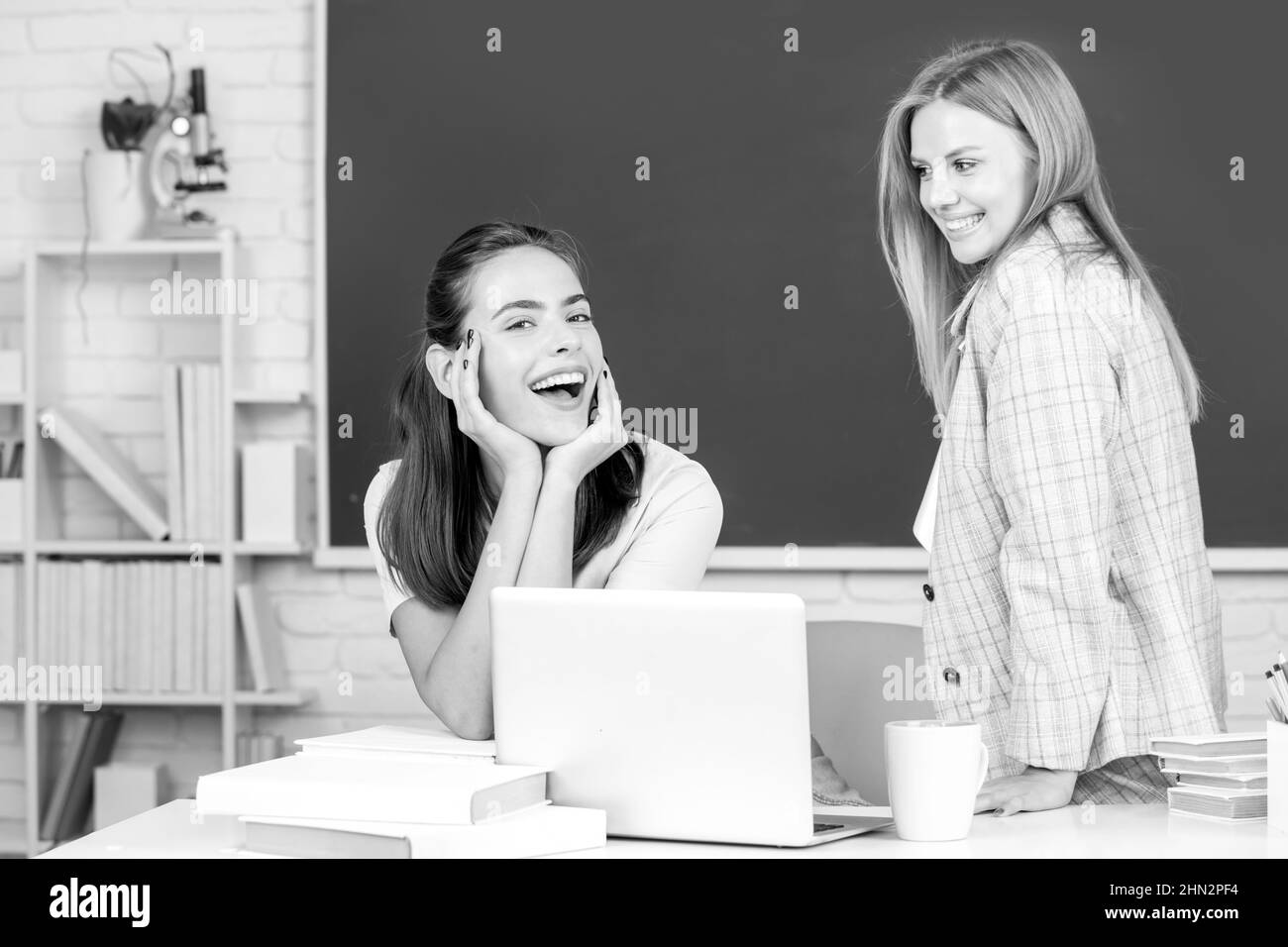 Students girls study together in classroom at school college Stock ...