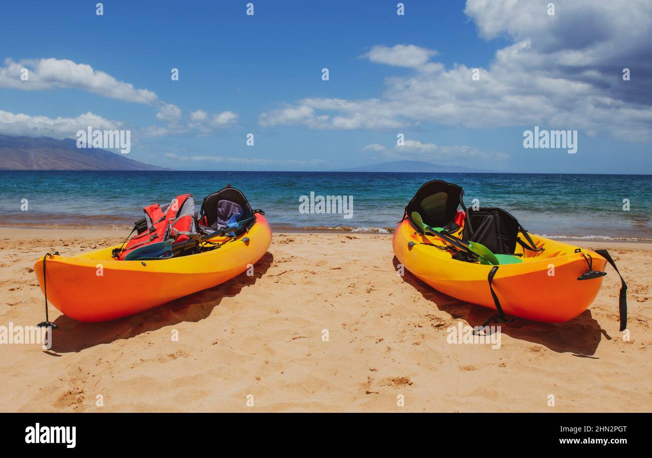 Kayak tourism. Tropical beach with sea sand on summer vacation Stock ...