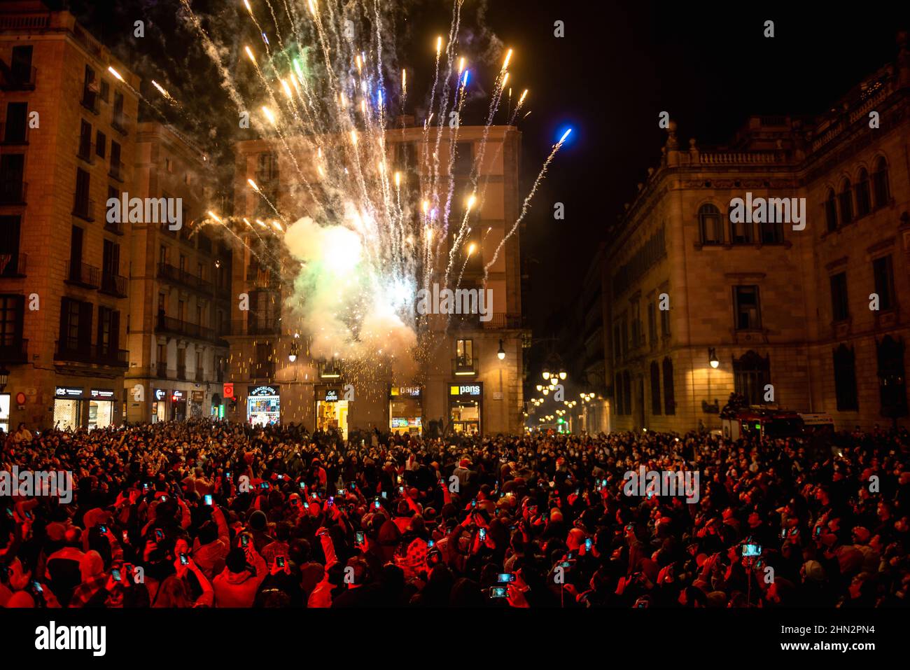 Barcelona, Spain. 13th Feb, 2022. Fire runners in devil costumes set of ...