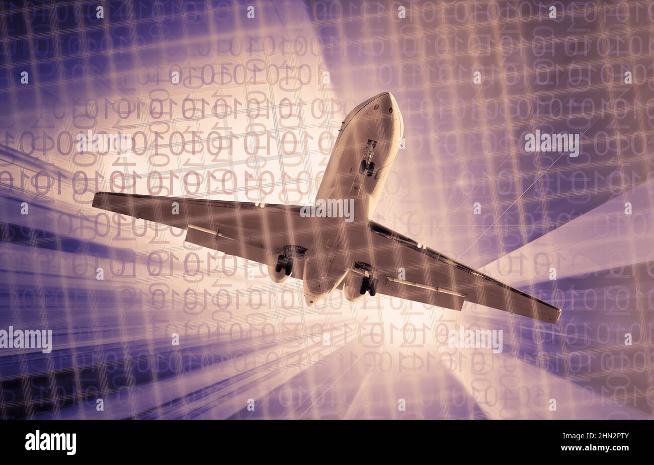 Plane flying on skyscrapers and binary key background Stock Photo - Alamy