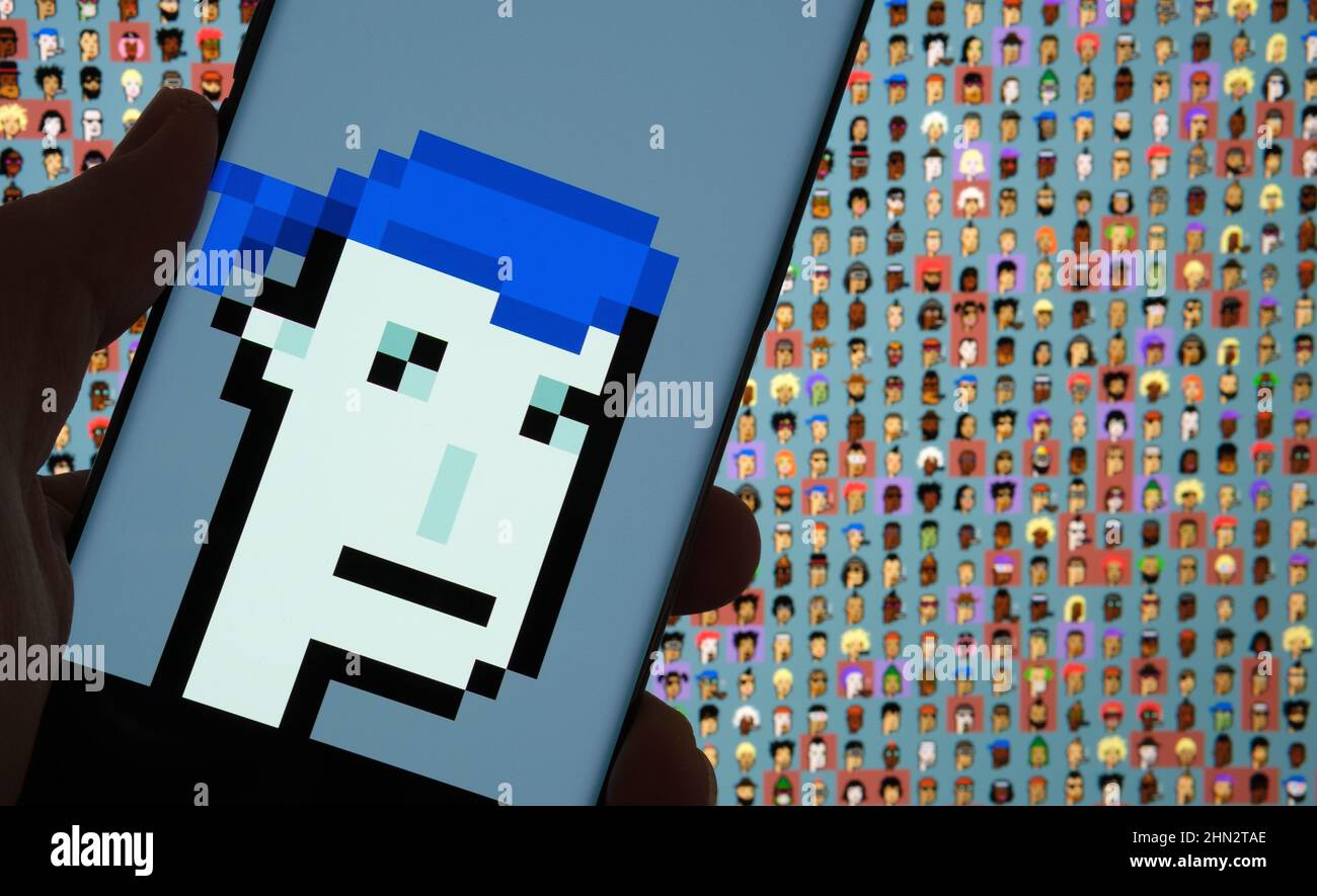 NFT Cryptopunk 5822 seen on the screen of smartphone and blurred ...