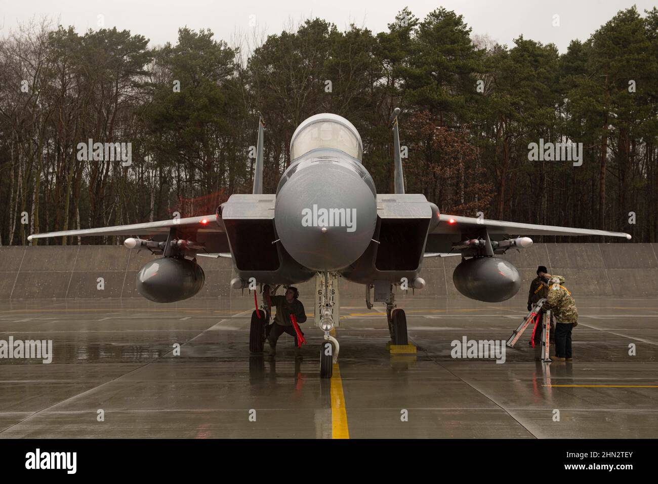 An F-15C Eagle assigned to the 493rd Fighter Squadron sits ready to ...