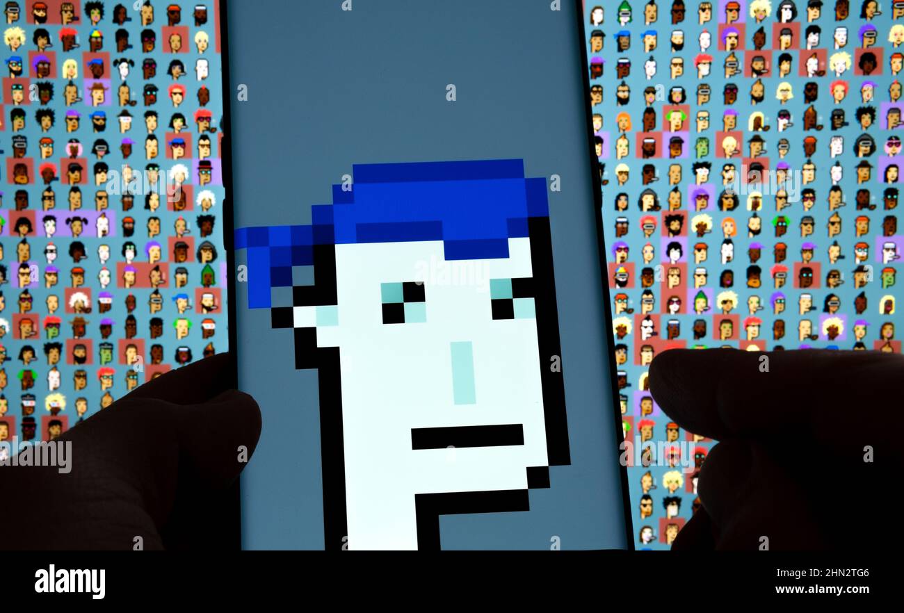 NFT Cryptopunk 5822 seen on the screen of smartphone and blurred ...