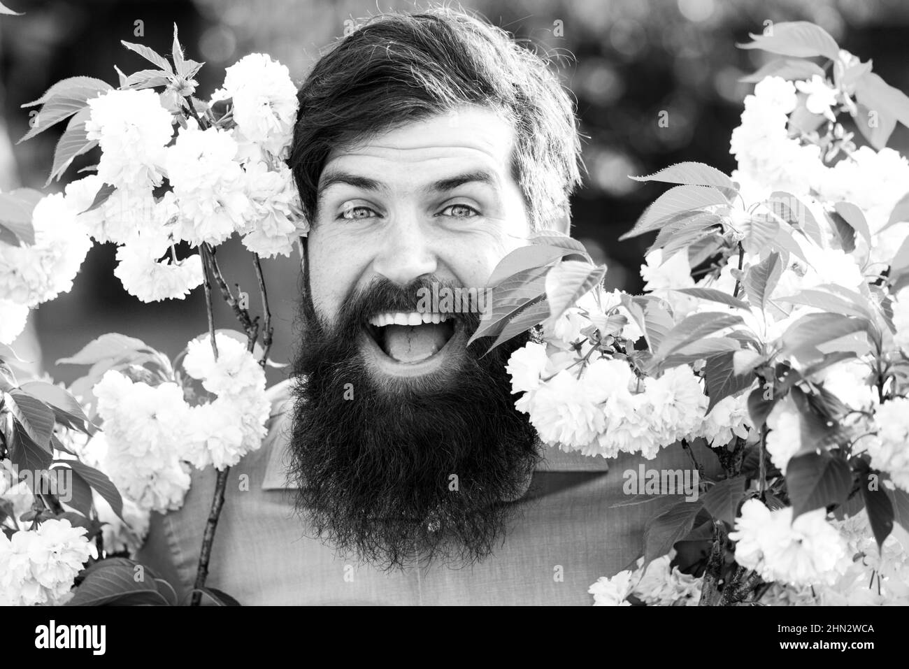 Outdoor partrait of young man surrounded by flowers. Spring blossom ...