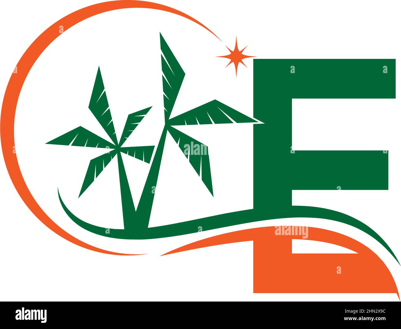 Letter E blends with coconut trees by the beach at night template Stock ...