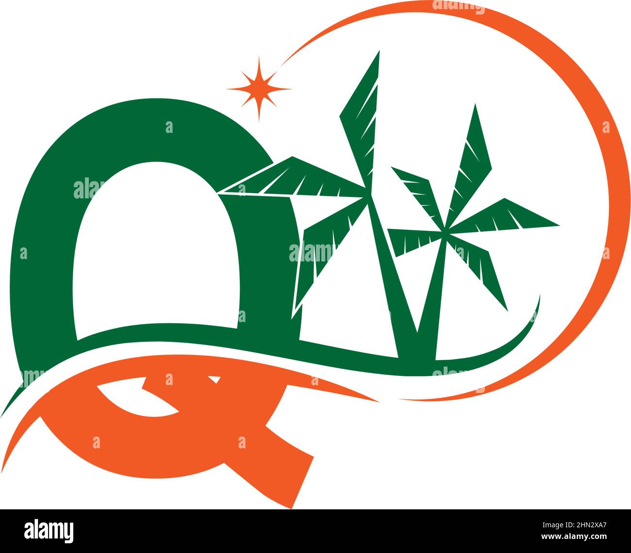 Letter Q blends with coconut trees by the beach at night template Stock ...