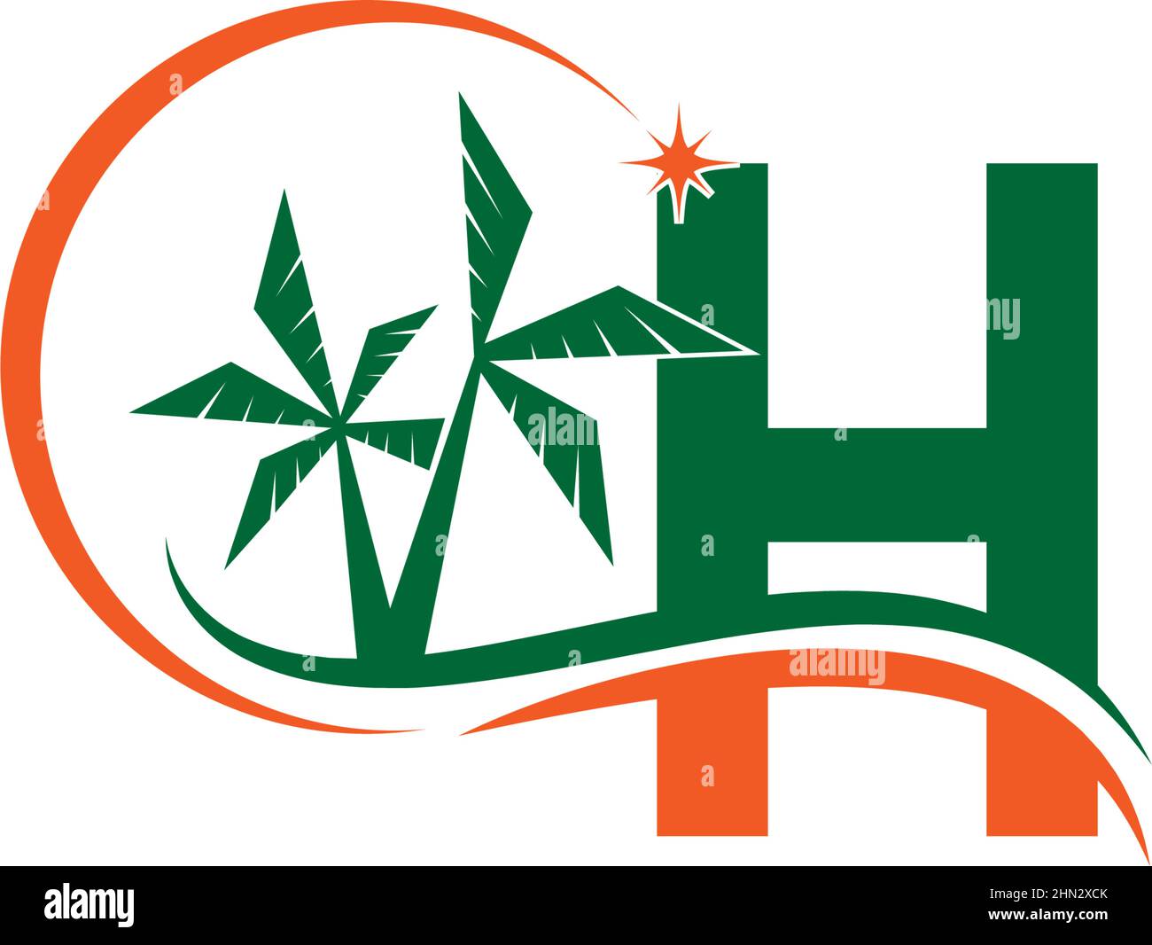 Letter H blends with coconut trees by the beach at night template Stock ...