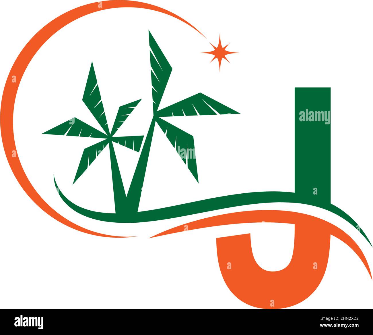 Letter J blends with coconut trees by the beach at night template Stock ...