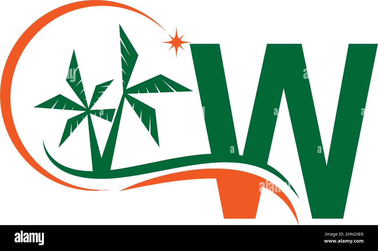 Letter W blends with coconut trees by the beach at night template Stock ...