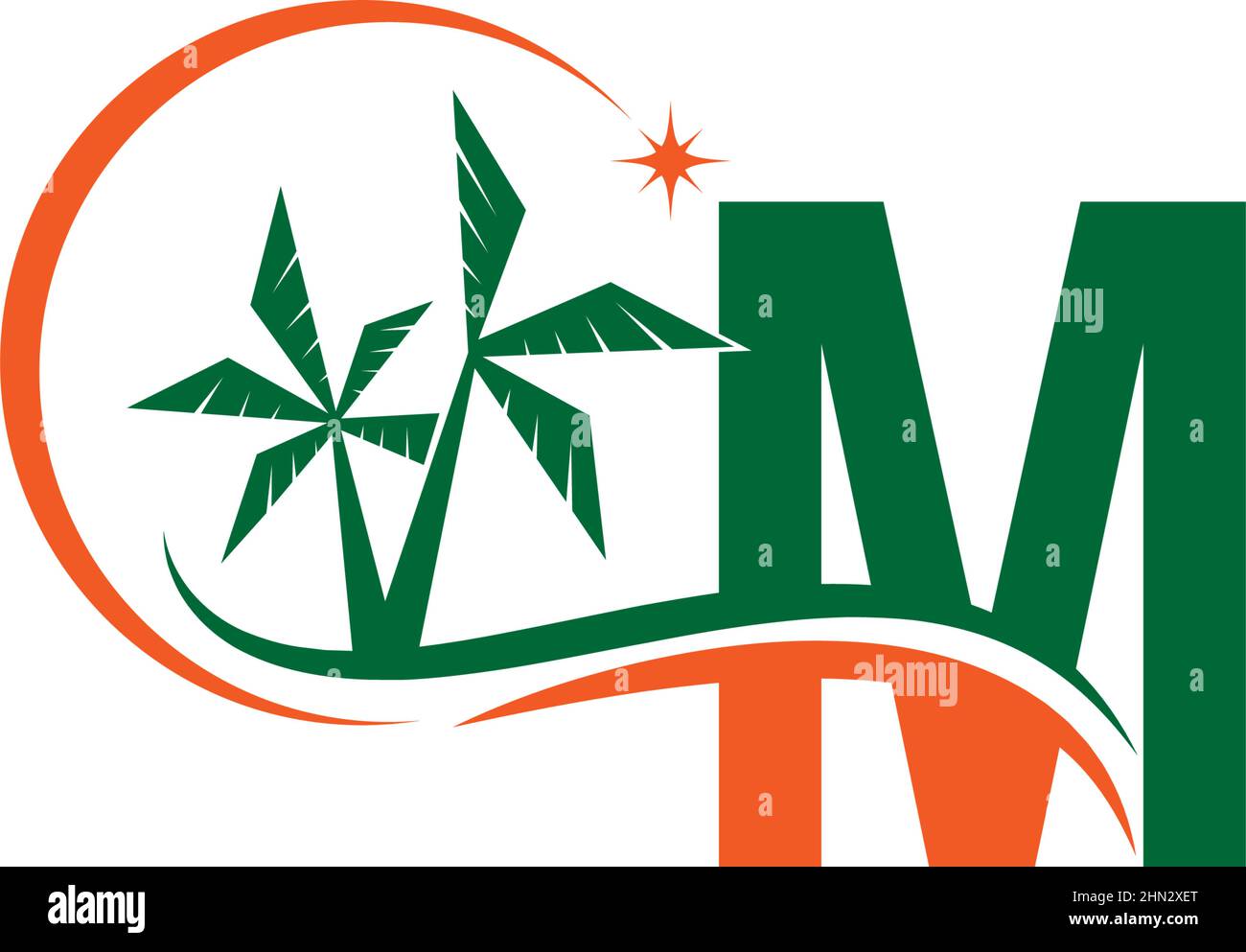 Letter M blends with coconut trees by the beach at night template Stock ...