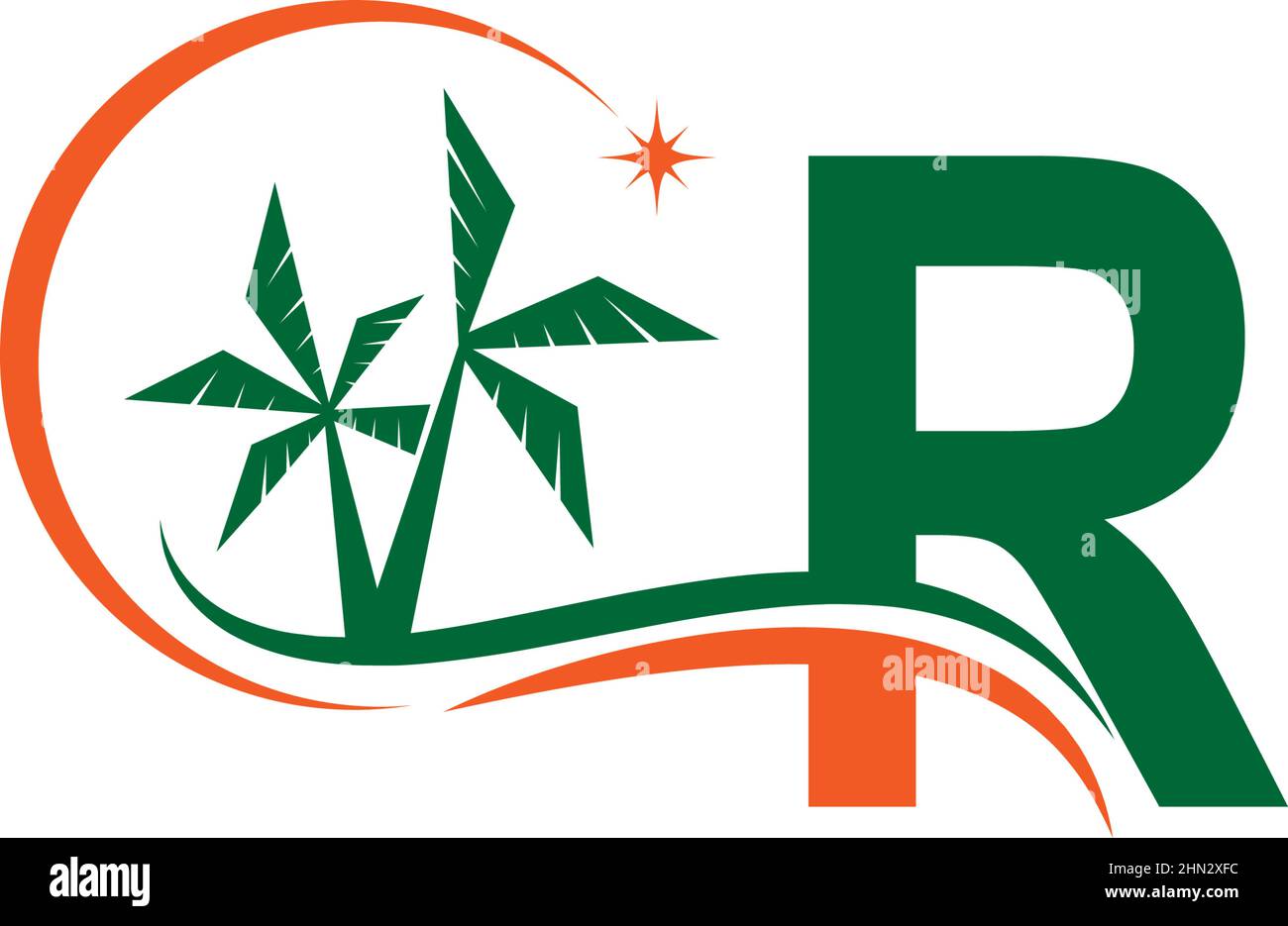 Letter R blends with coconut trees by the beach at night template Stock ...