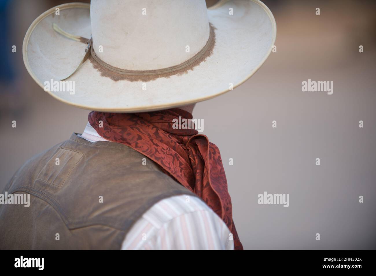 Wyoming cowboy wearing white hat and silk scarf looking ahead. Wyoming ...
