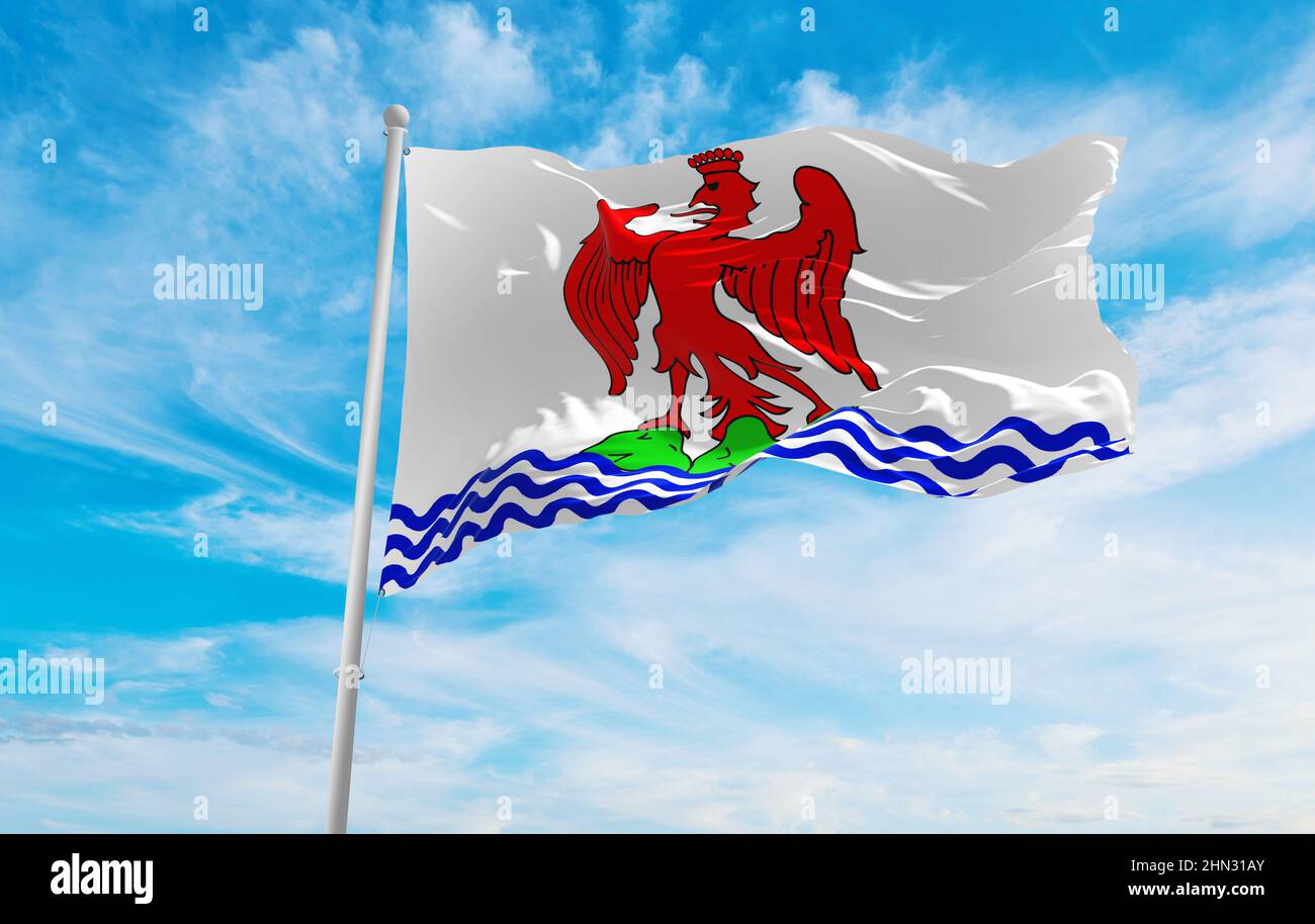 flag of County of Nice, France at cloudy sky background on sunset ...