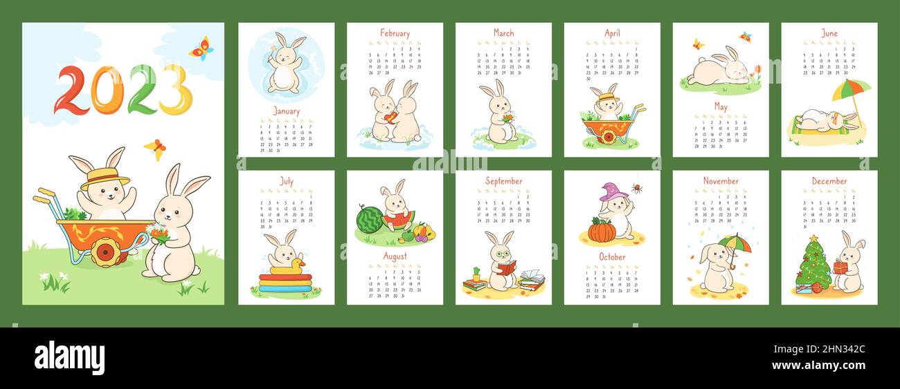 Calendar 2023 with rabbit, planner organizer. Covers and 12 month pages ...