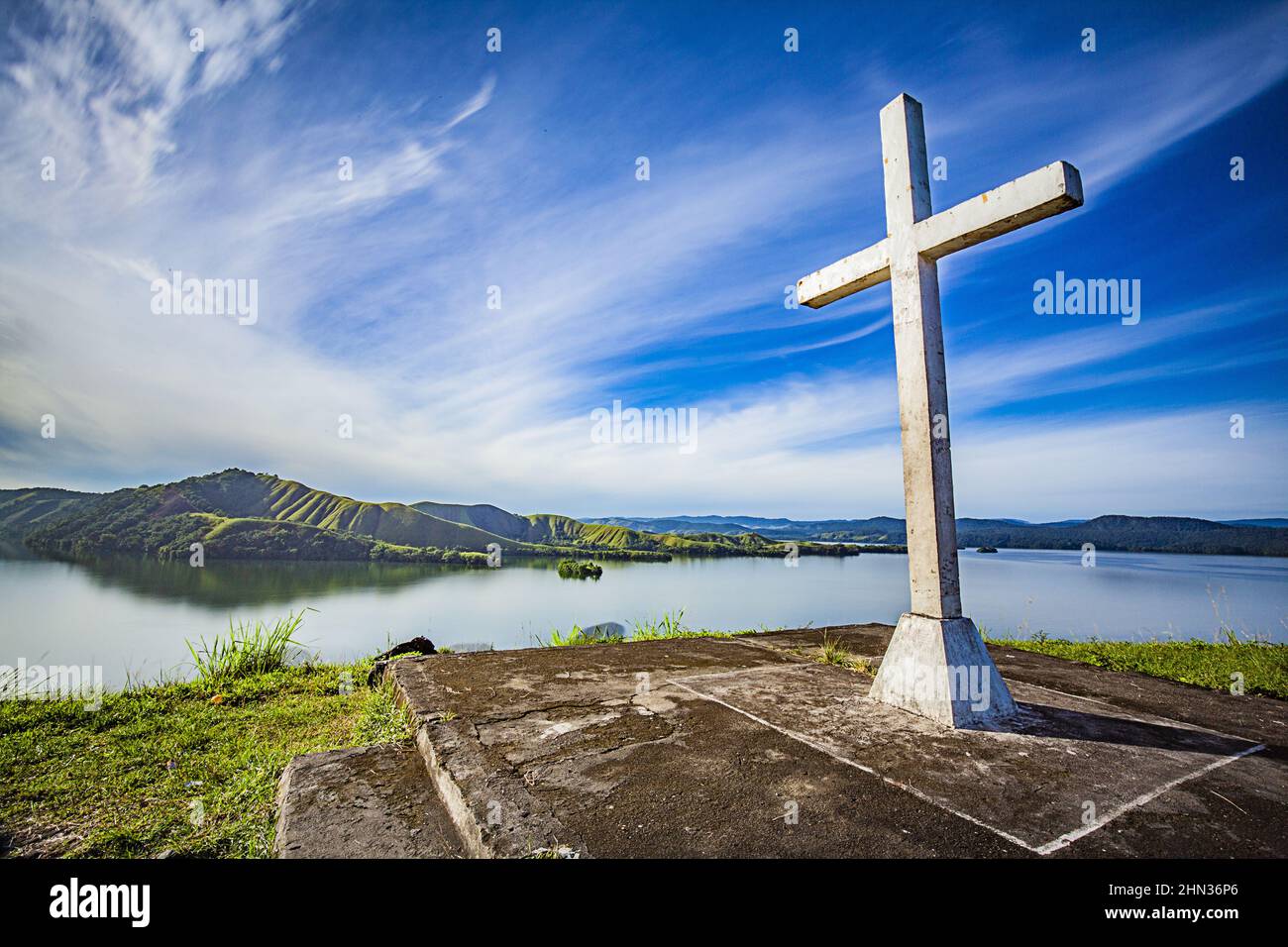 Huge cross near the lake Stock Photo - Alamy