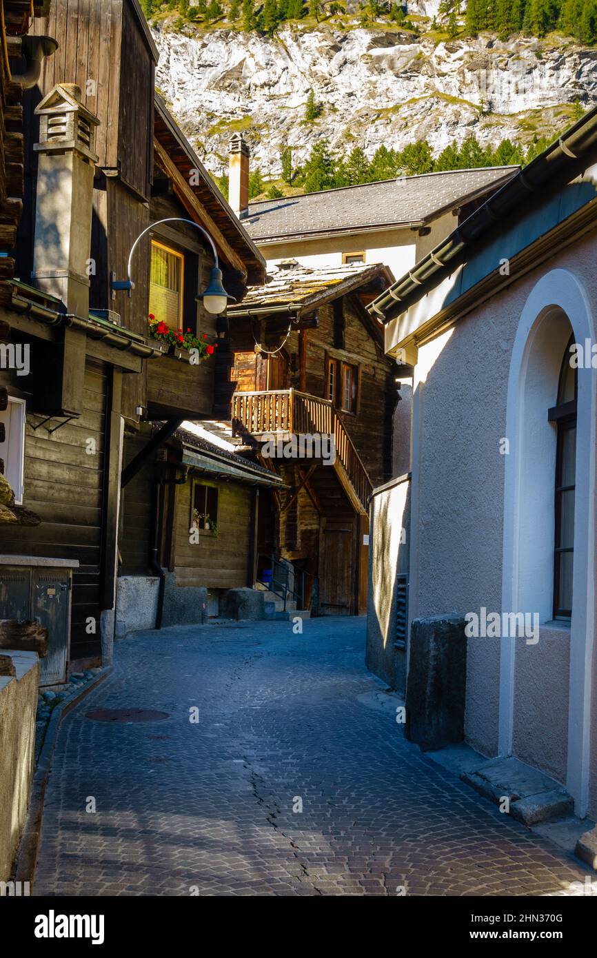 Small residential street in alpine resort town of Zermatt, Switzerland ...