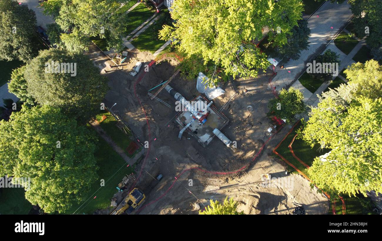 Ontario Canada, 2021. Fenced off underground pipeline Aerial Stock ...
