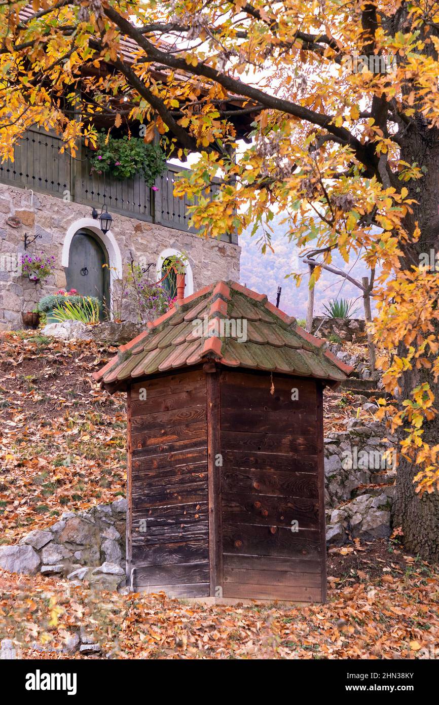 Old fashioned wooden outhouse portable toilet in countryside Stock ...