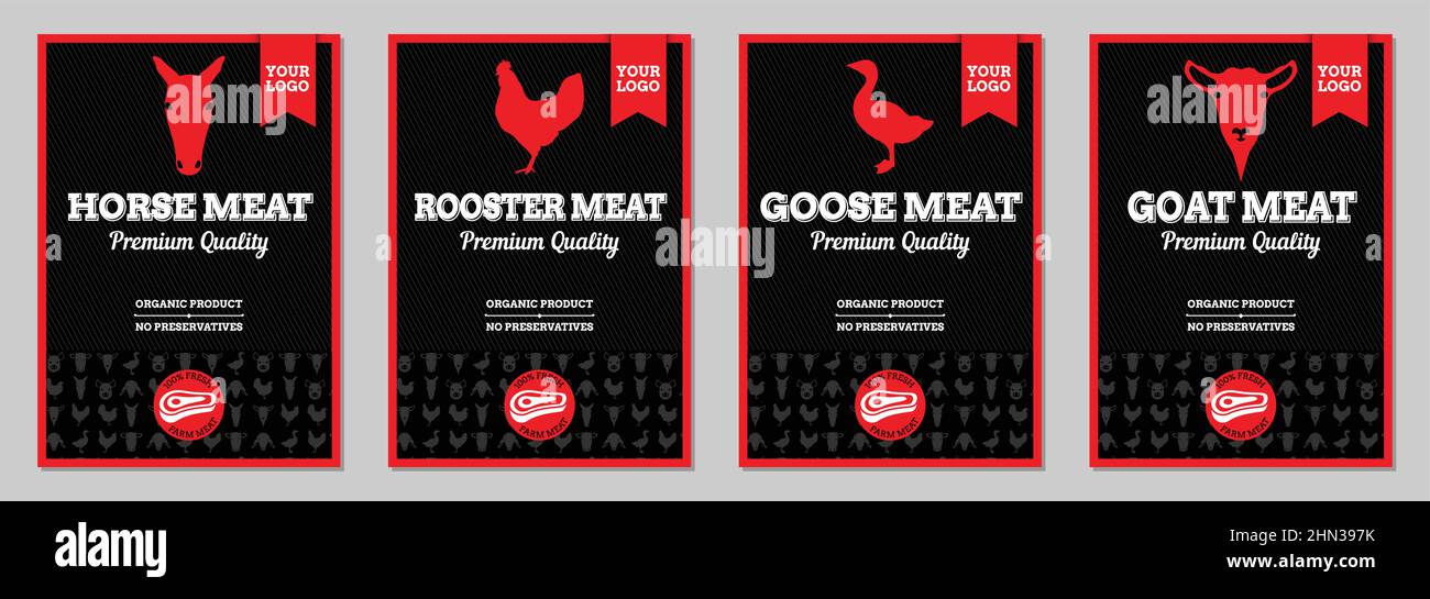 Horse, Rooster, Goose and Goat Meat Packaging Label Design Stock Vector ...