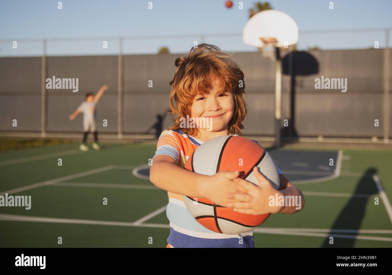 Basketball kids training game. Kid playing basketball with basket ball ...