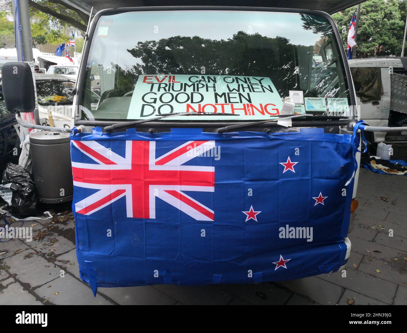 Political messages on vehicle participating in Convoy 2022 NZ protest ...